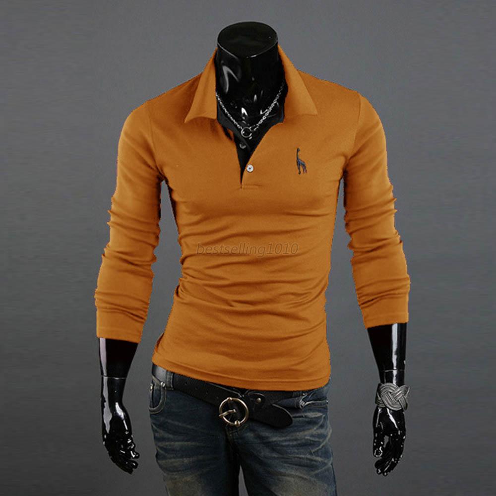 10colors Mens Casual Shirts Tops Tee V Neck Polo Long Sleeve Slim T
