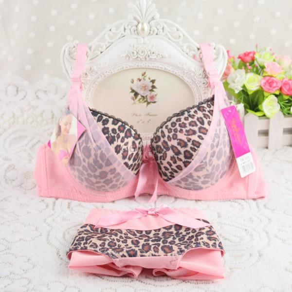 New Sexy Women Push Up Bras Underwire Bowknot Leopard Bra Set Panties